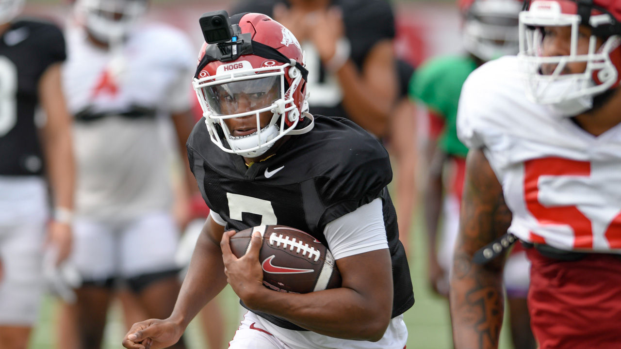 Razorback quarterback Taylen Green, KJ Jackson after Tuesday practice ...